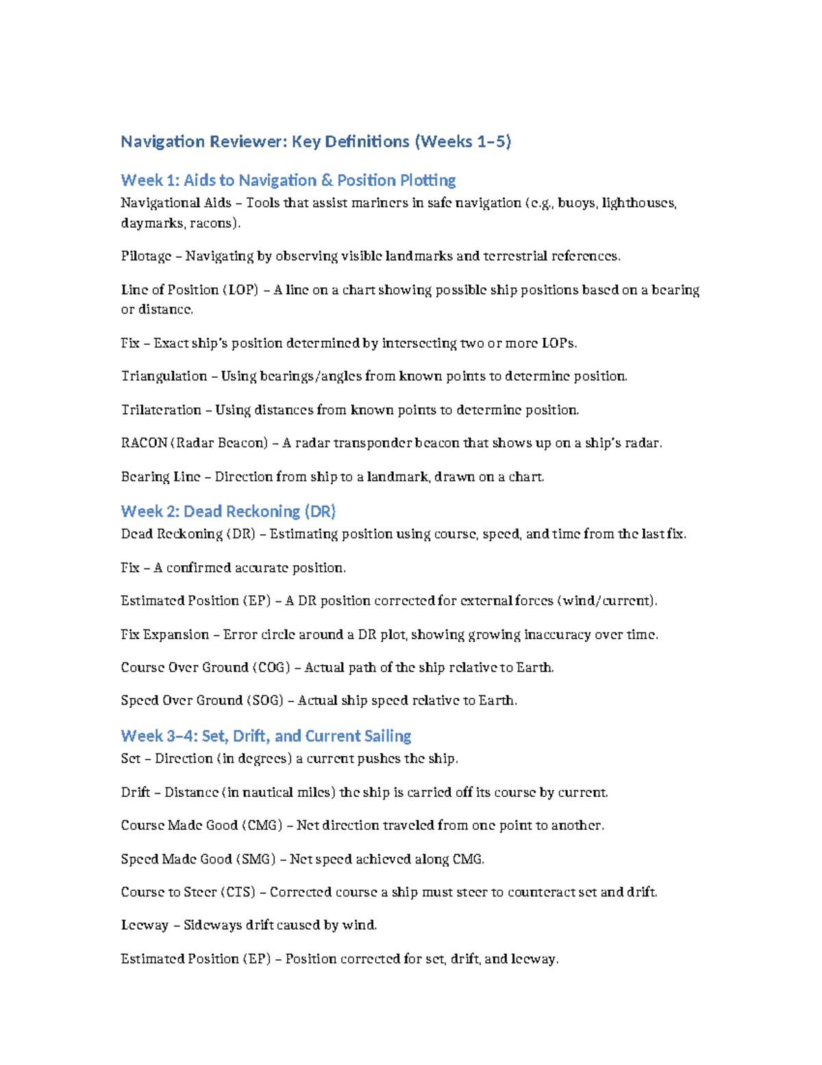 Navigation Reviewer: Key Definitions for Weeks 1-5 - Studocu