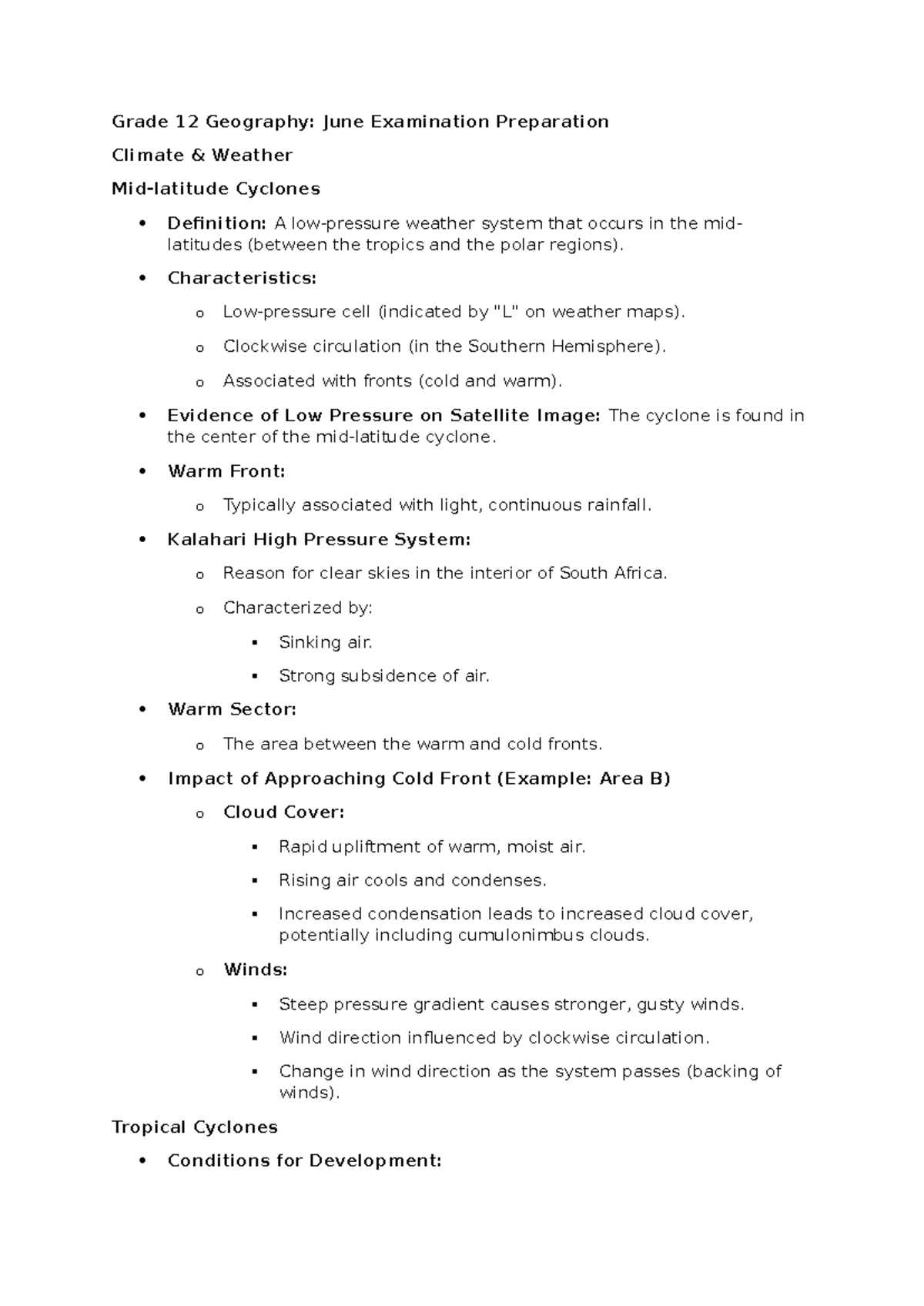 Grade 12 Geography: June Exam Prep on Climate & Cyclones - Studocu
