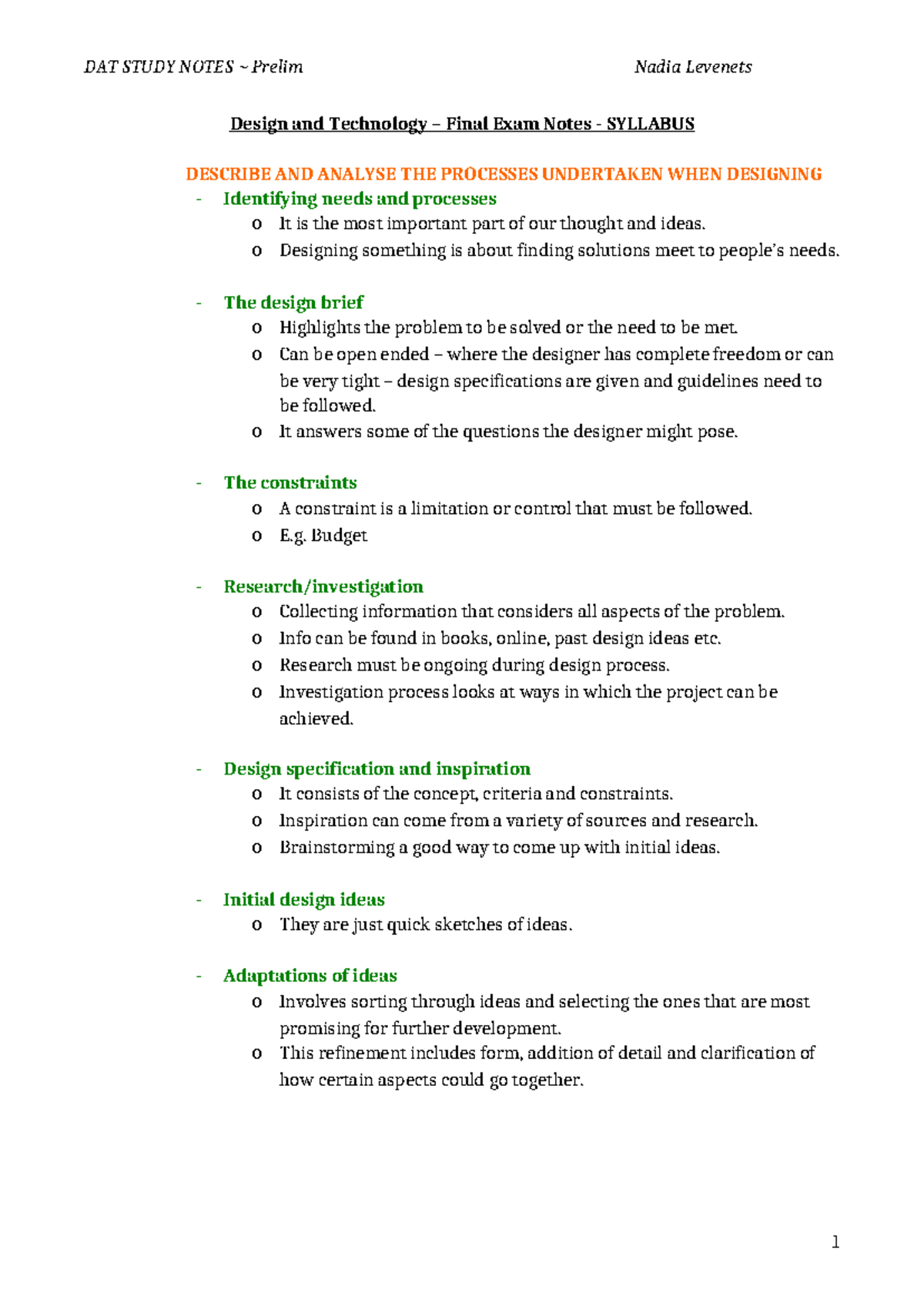 Design and Tech – Final Exam Notes: Key Processes and Considerations ...