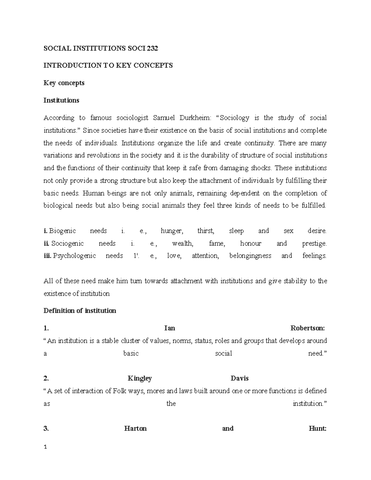 Lesson ONE: Understanding Social Institutions - SOCI 232 - Studocu
