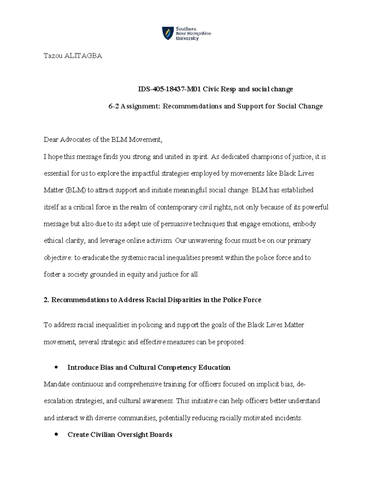 IDS-405 6-2 Assignment: Strategies for Social Change and BLM Advocacy ...