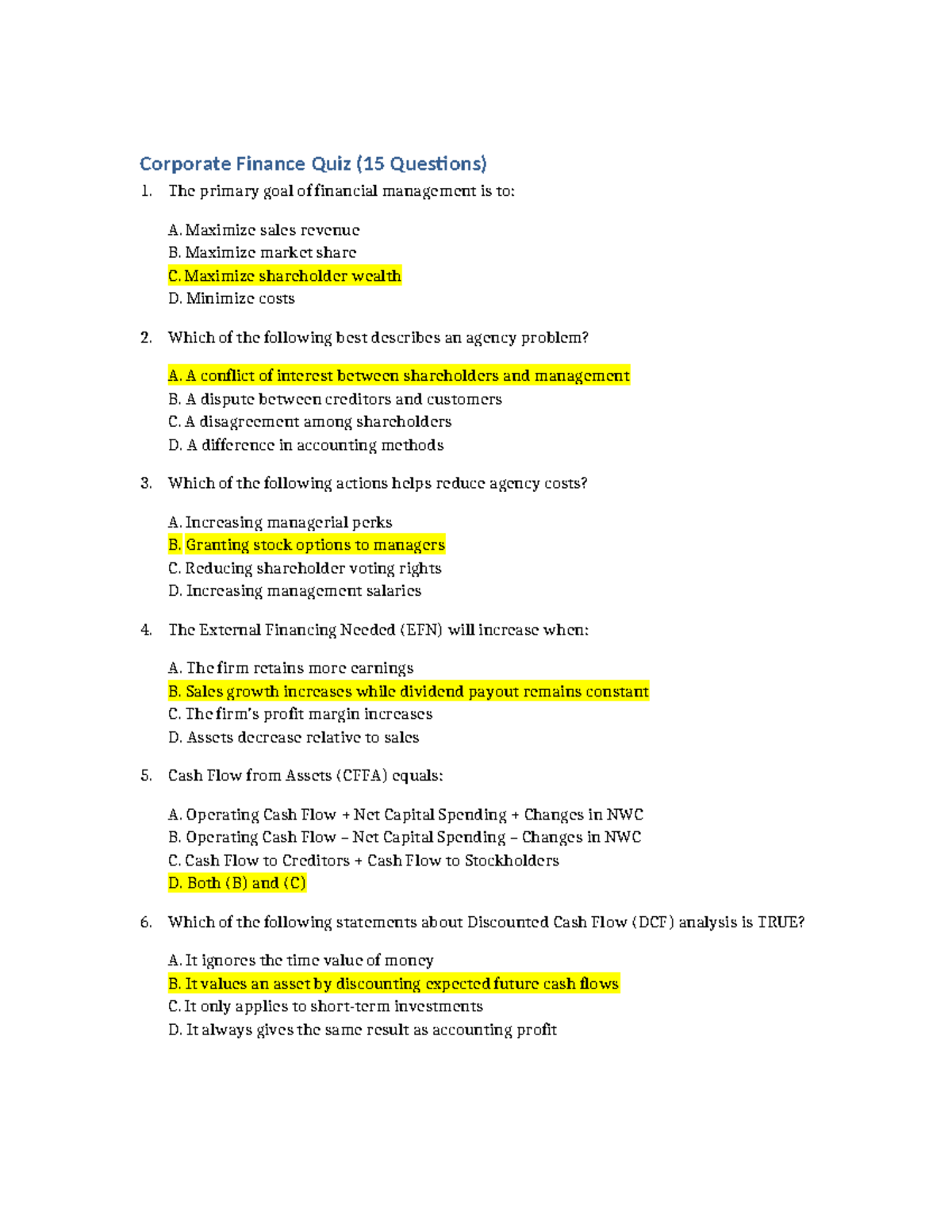 Corporate Finance Quiz (CF 101) - 15 Questions & Answers - Studocu