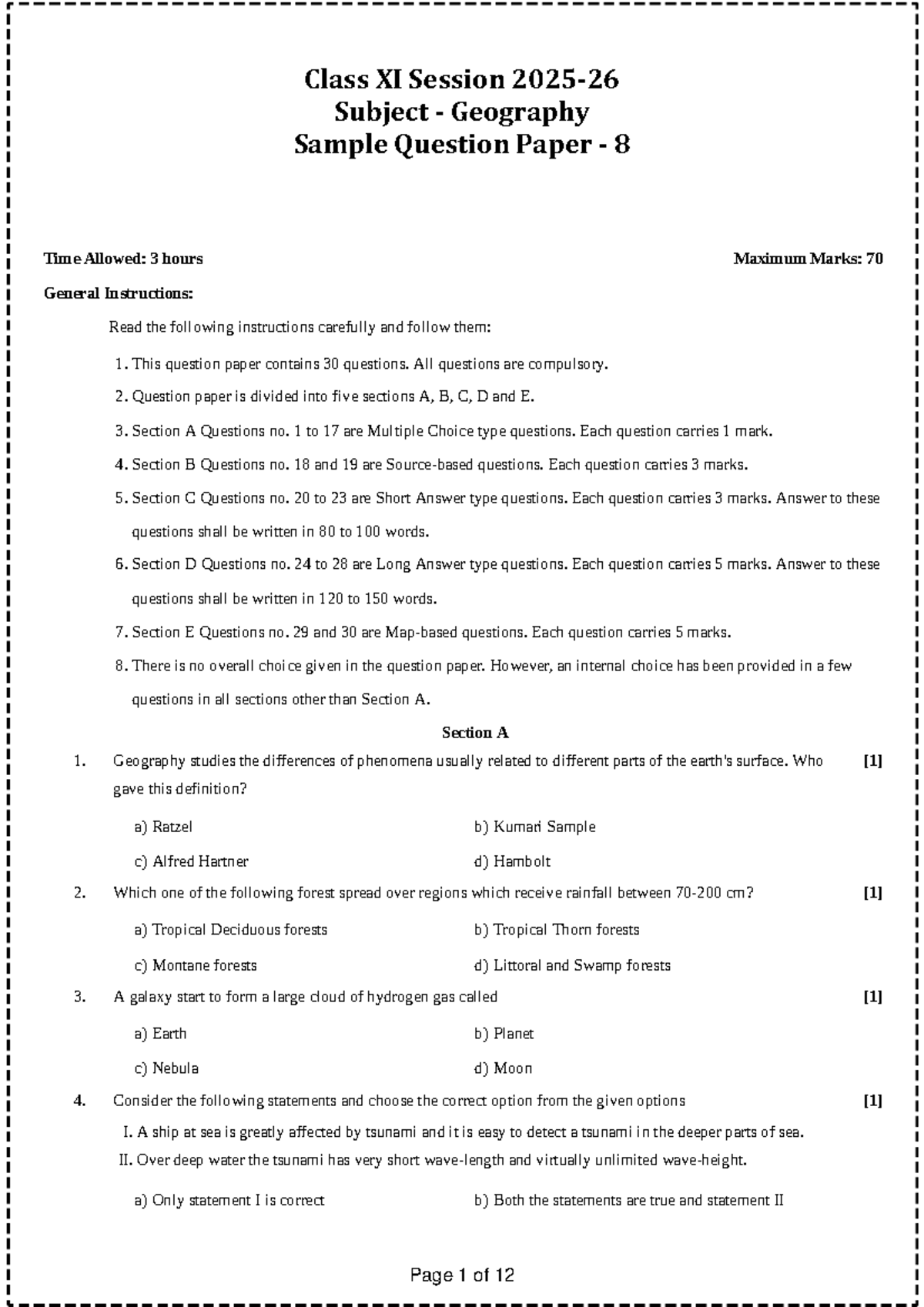 Class XI Geography Sample Question Paper 8 - Time: 3 Hours, Max Marks ...