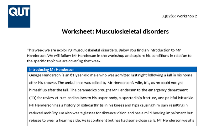 LQB285: Workshop 2 Worksheet on Musculoskeletal Disorders - Studocu