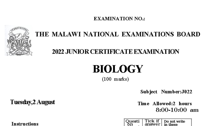 2022 J022 Junior Certificate Biology Examination Paper - Studocu