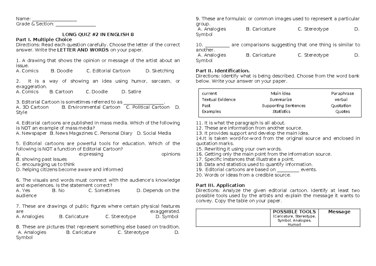 ENGLISH 8: LONG QUIZ 2 - Multiple Choice & Identification - Studocu