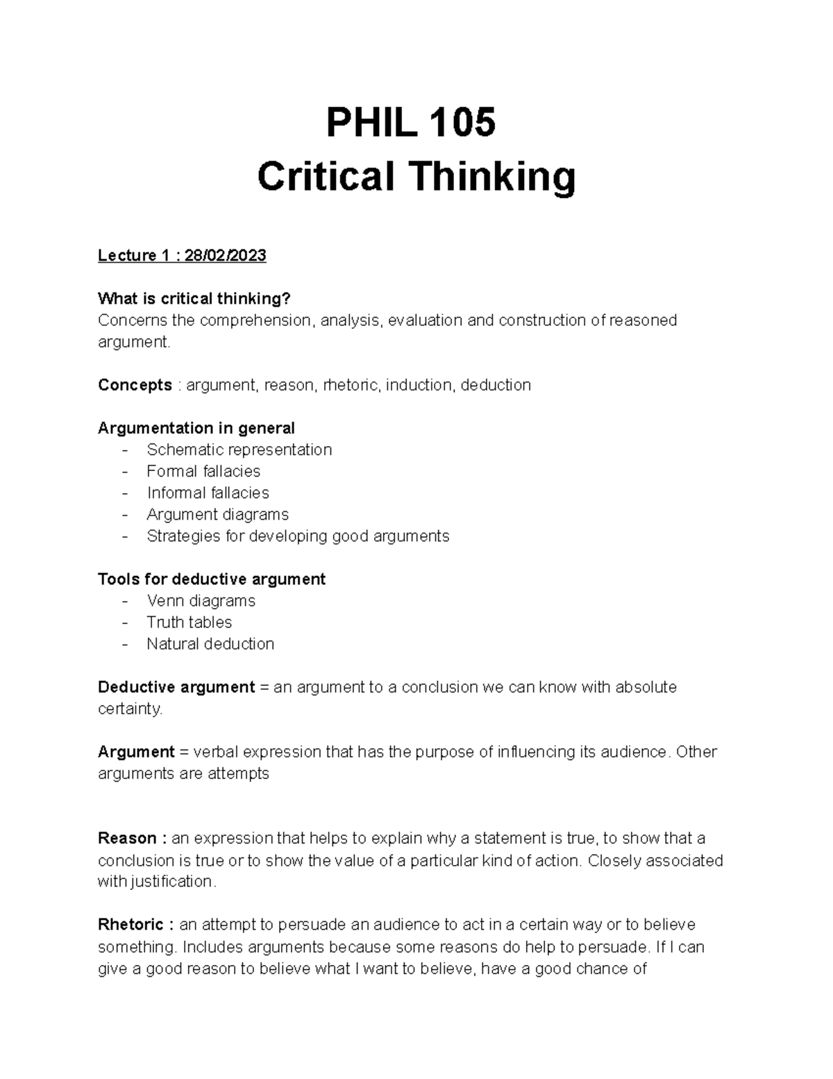 PHIL105 - Hello - PHIL 105 Critical Thinking Lecture 1 : 28/02/ What is ...