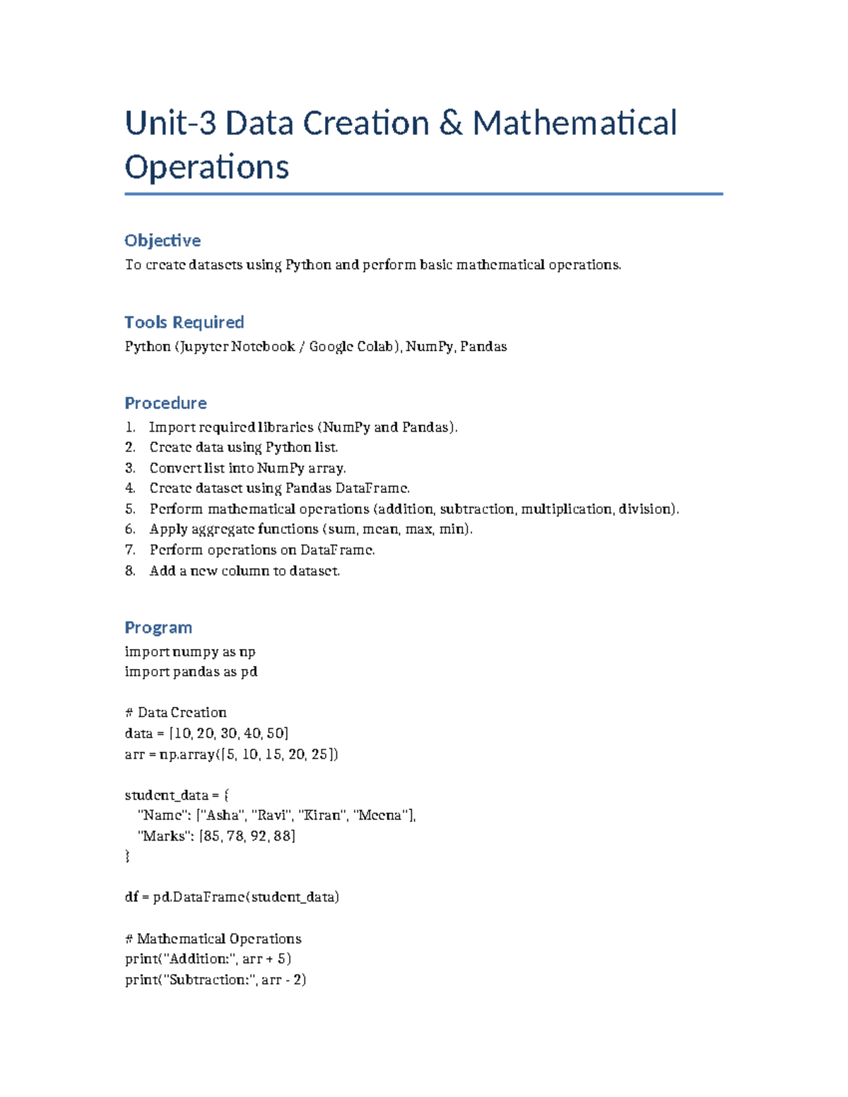 DATA Creation & Math Ops Using Python (Jupyter/Colab) - Studocu