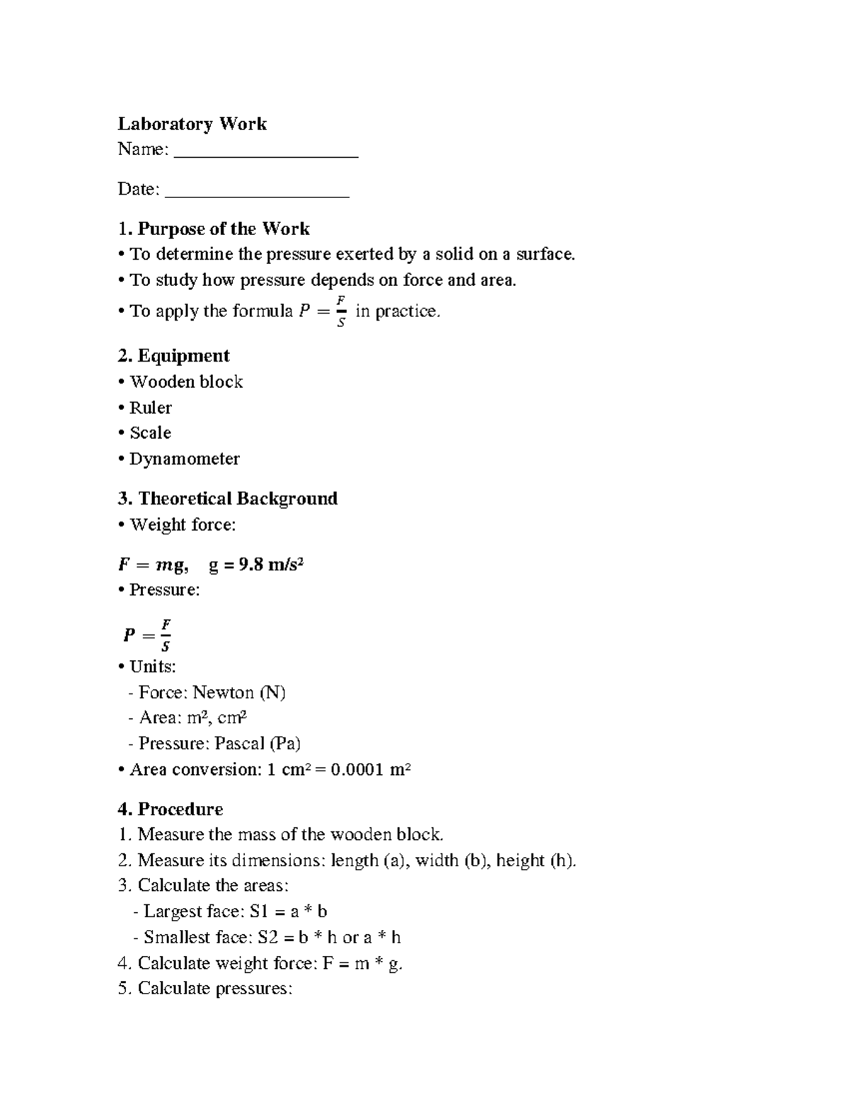 Lab Work 10: Pressure Analysis for Grade 7 - Studocu