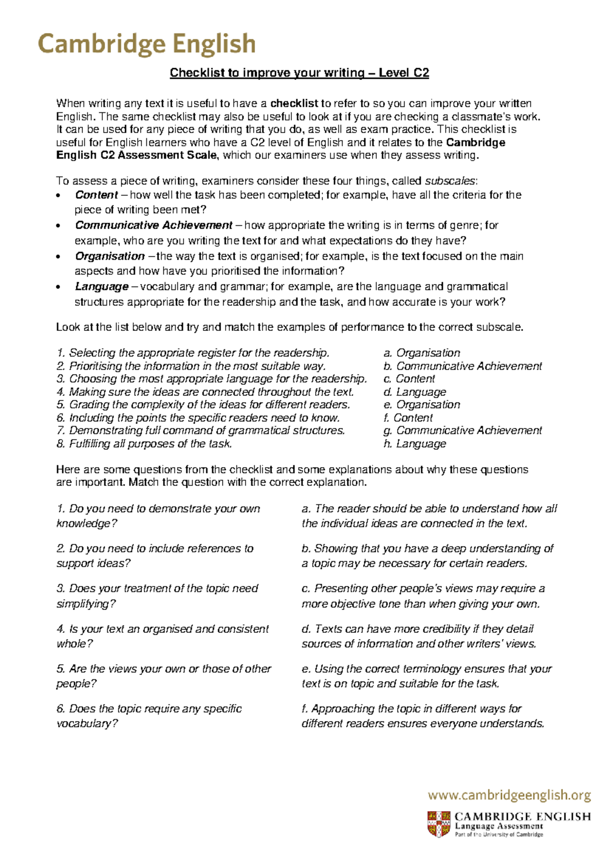 C2 Writing Improvement Checklist for Exam Success 31311 - Studocu