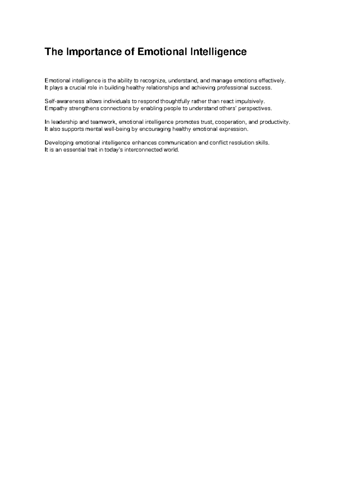 Essay 4 Emotional Intelligence - The Importance of Emotional ...
