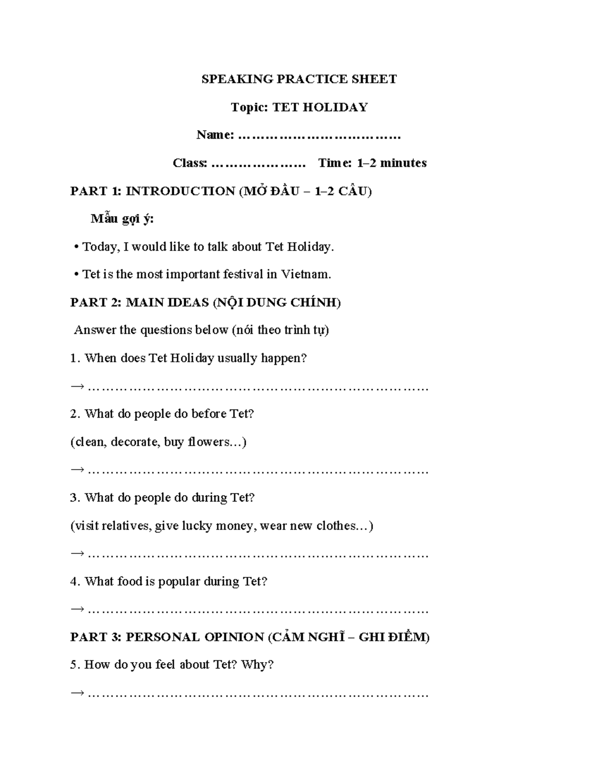 SPEAKING PRACTICE SHEET: Discussing Tet Holiday - Studocu