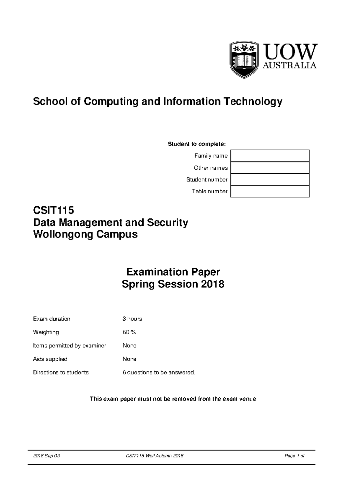 CSIT115 Final Exam - Data Management and Security Spring 2018 - Studocu