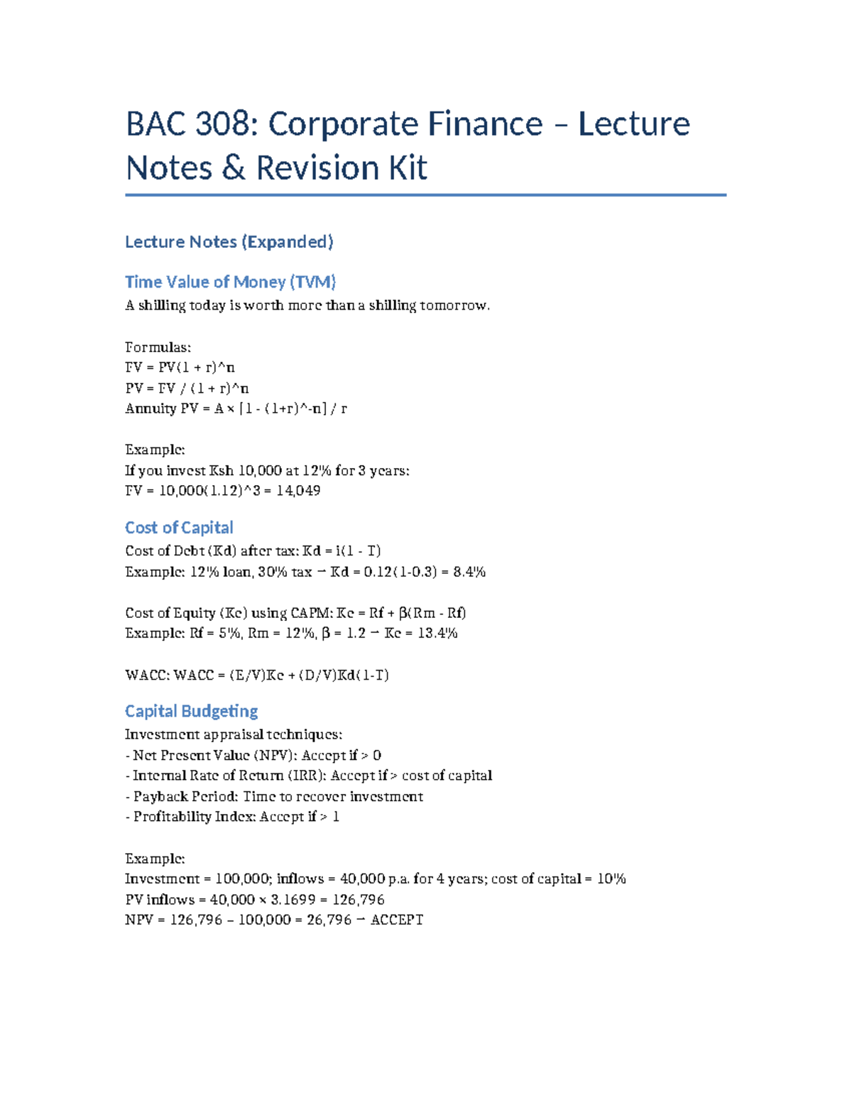 BAC 308: Corporate Finance Lecture Notes & Revision Kit - Studocu