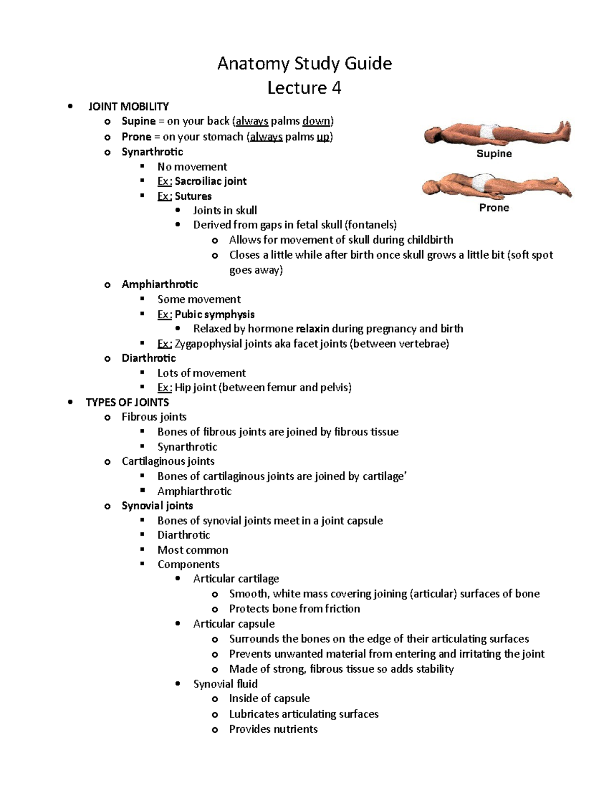 Study Guide-joints - Anatomy Study Guide Lecture 4 JOINT MOBILITY o ...