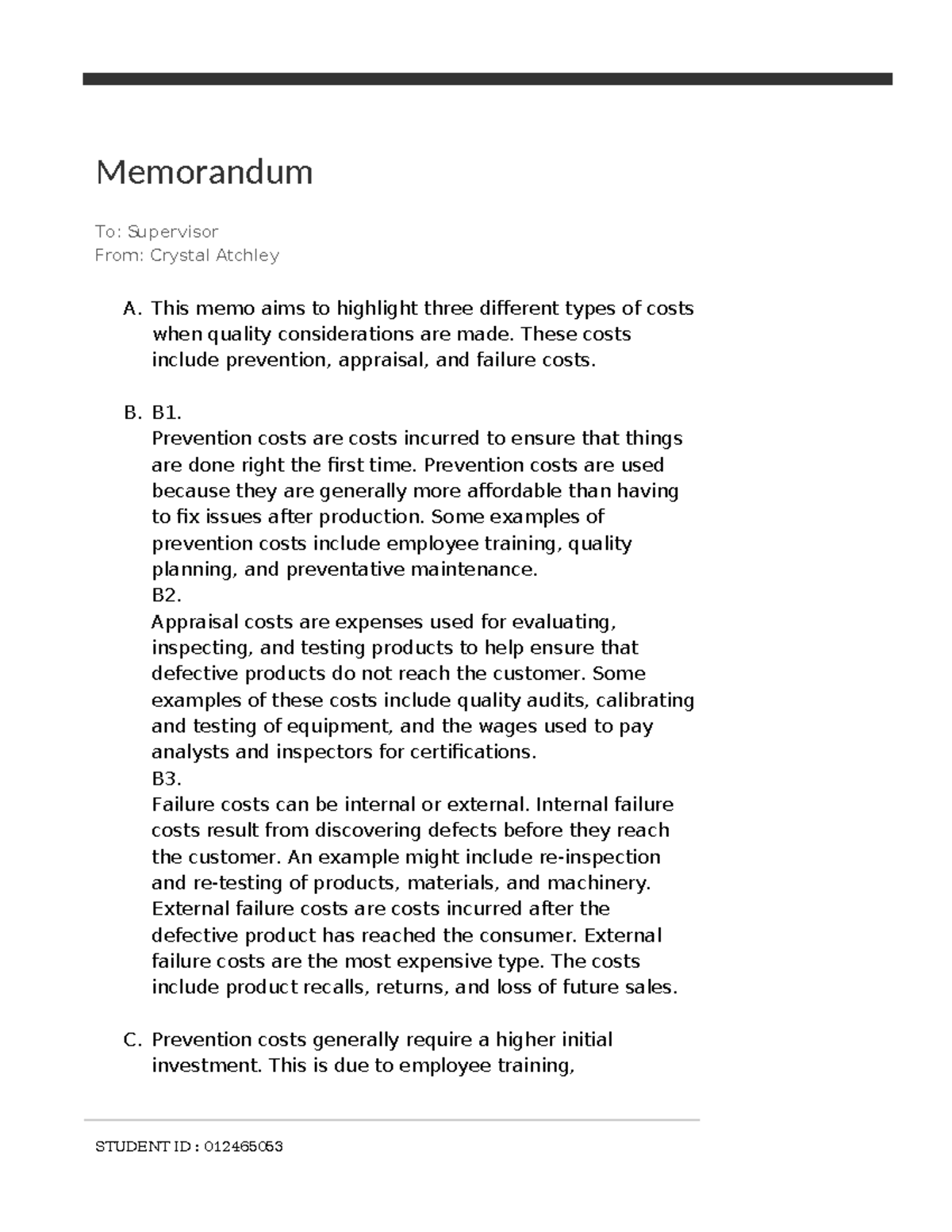 Business Management Tasks: Understanding Quality Costs - Studocu