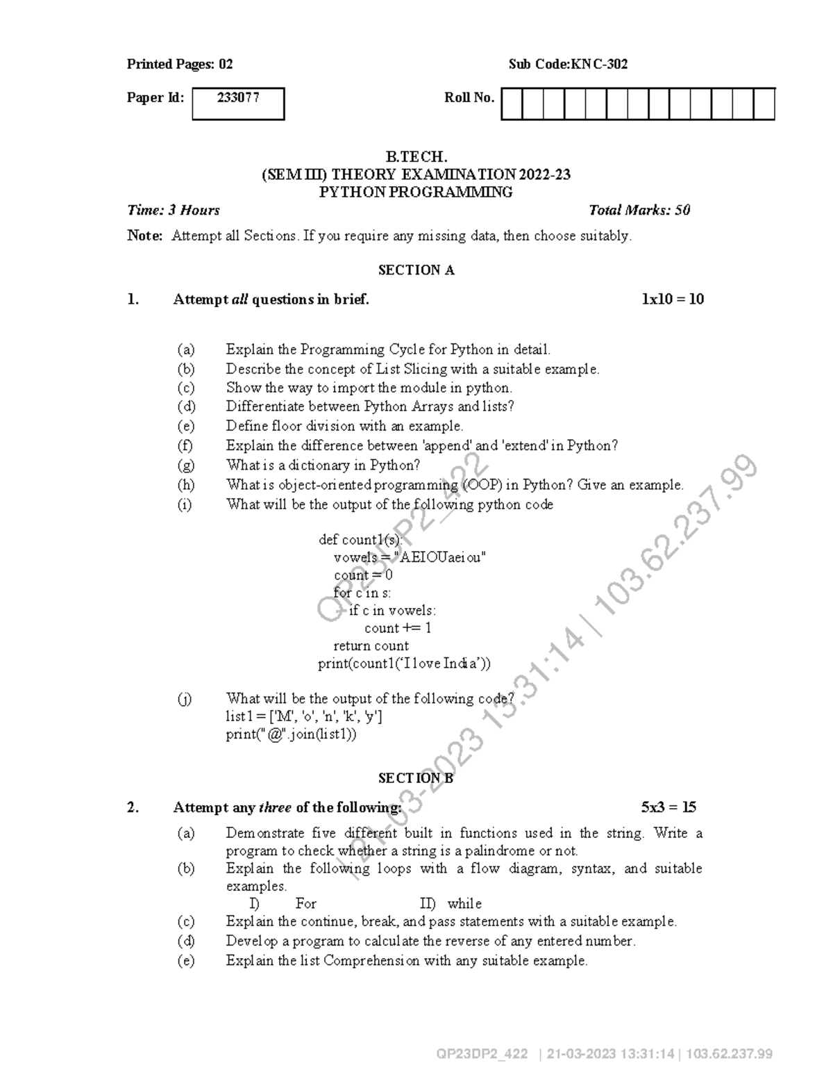 KNC302 - Python Programming Theory Exam Questions - Studocu