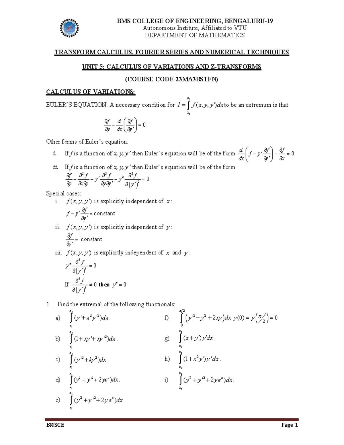 Unit 5: Calculus of Variations & Z-transforms (23MA3BSTFN) Notes - Studocu