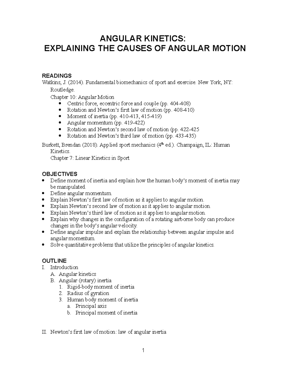 Angular Kinetics Lecture Outline - Understanding Angular Motion - Studocu