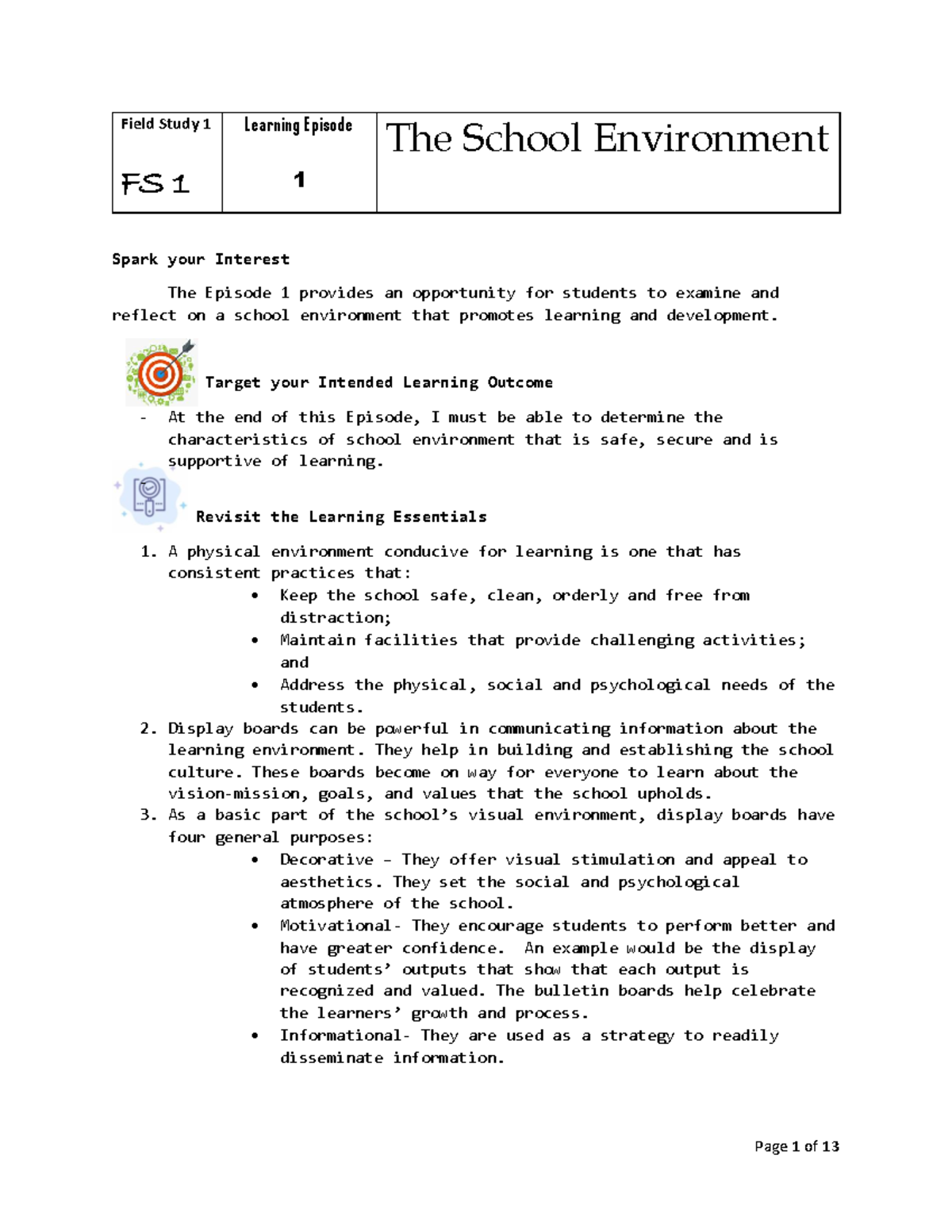 Field Study 1: Learning Episode 1 - The School Environment - Studocu