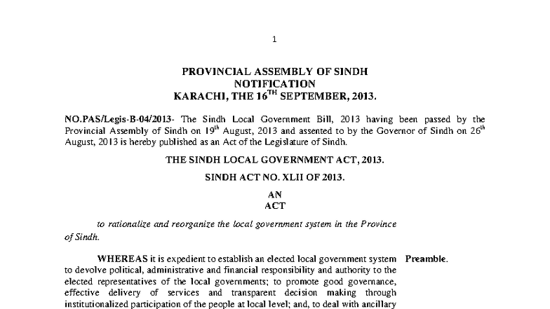 Sindh local govt Act 2013 - PROVINCIAL ASSEMBLY OF SINDH NOTIFICATION ...