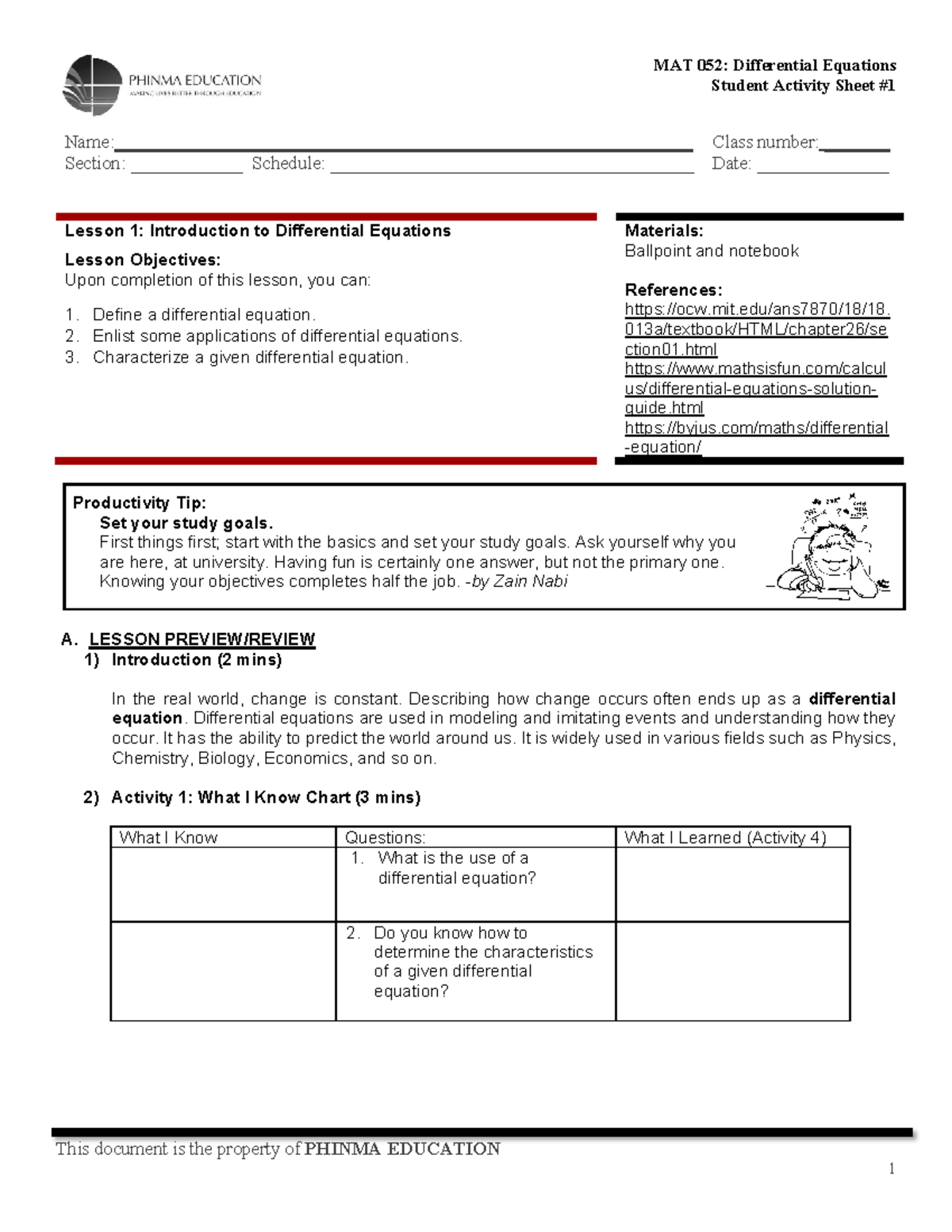 MAT-052 - Differential Equations: Introduction & General Solutions ...