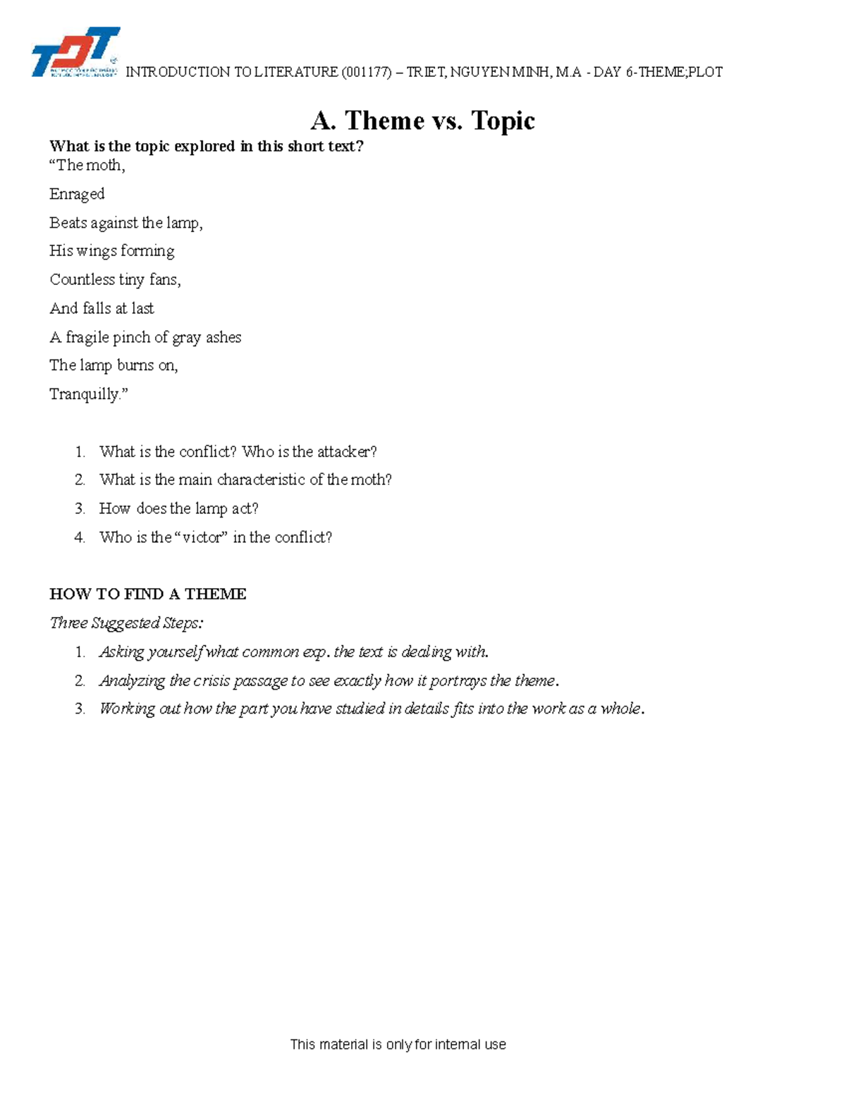 INTRODUCTION TO LITERATURE (001177) DAY 6 Handout: Theme vs. Topic ...