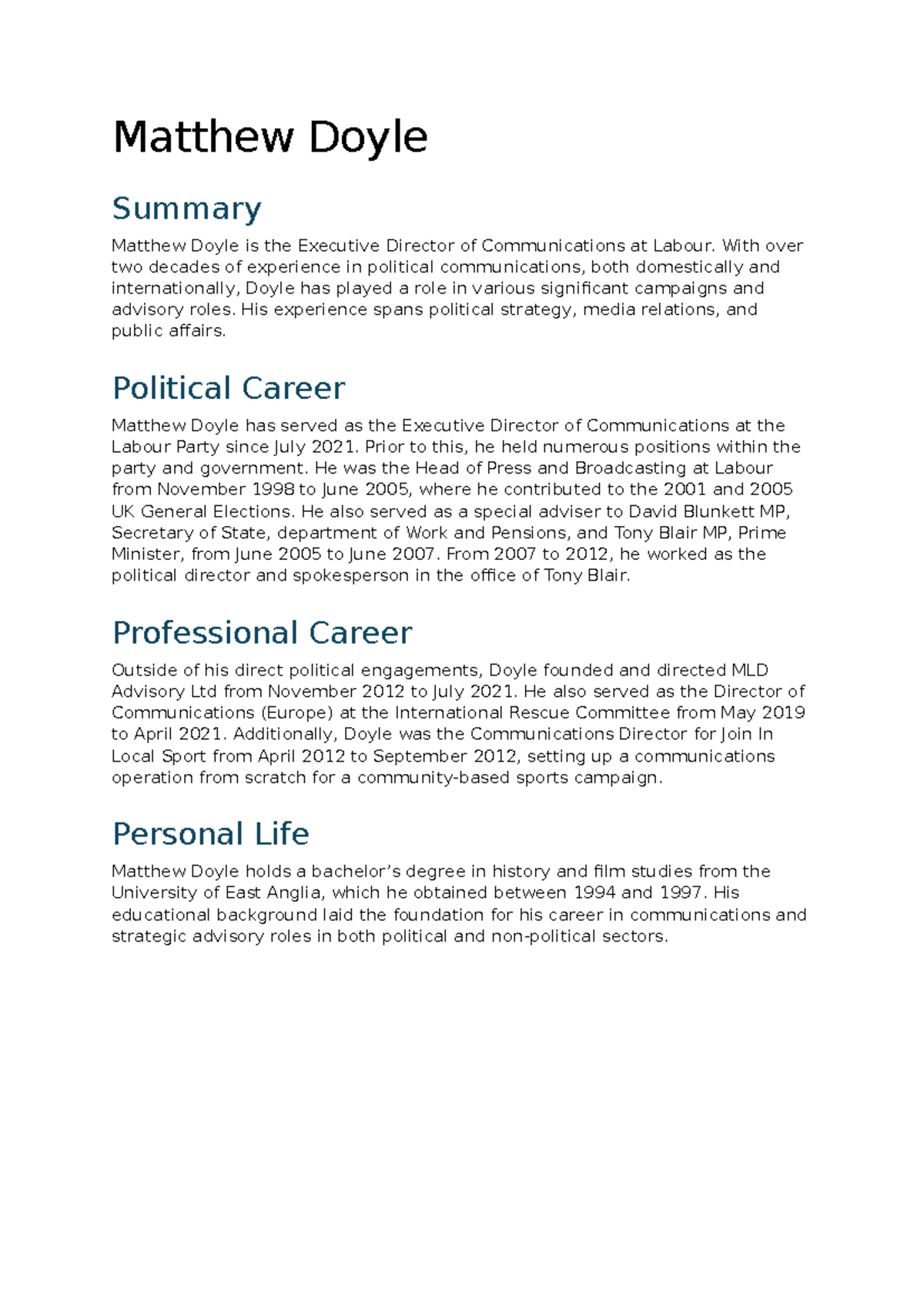 Matthew Doyle: Career Overview and Contributions in Politics - Studocu