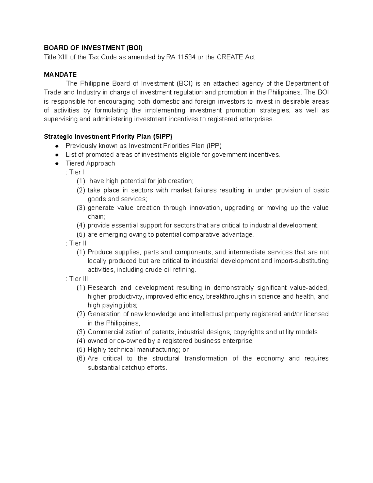 BOI Reviewer for Midterms: Tax Code & CREATE Act Insights - Studocu