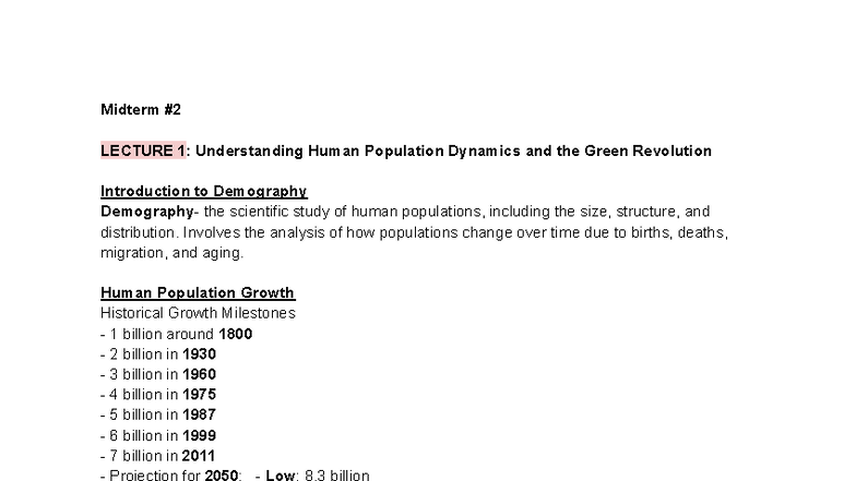 Midterm LECTURE 1: Human Population Dynamics & Green Revolution - Studocu