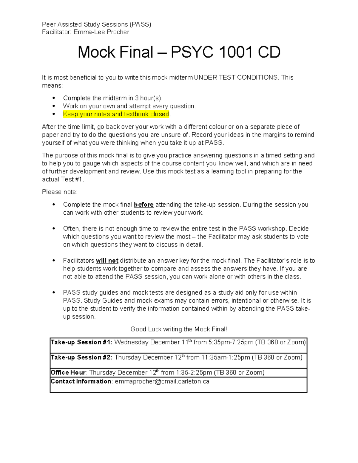 PSYC 1001 CD - Mock Final - Facilitator: Emma-Lee Procher Mock Final ...