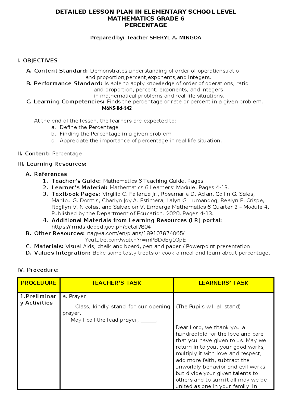Grade 6 Math Lesson Plan: Understanding Percentages and Applications ...