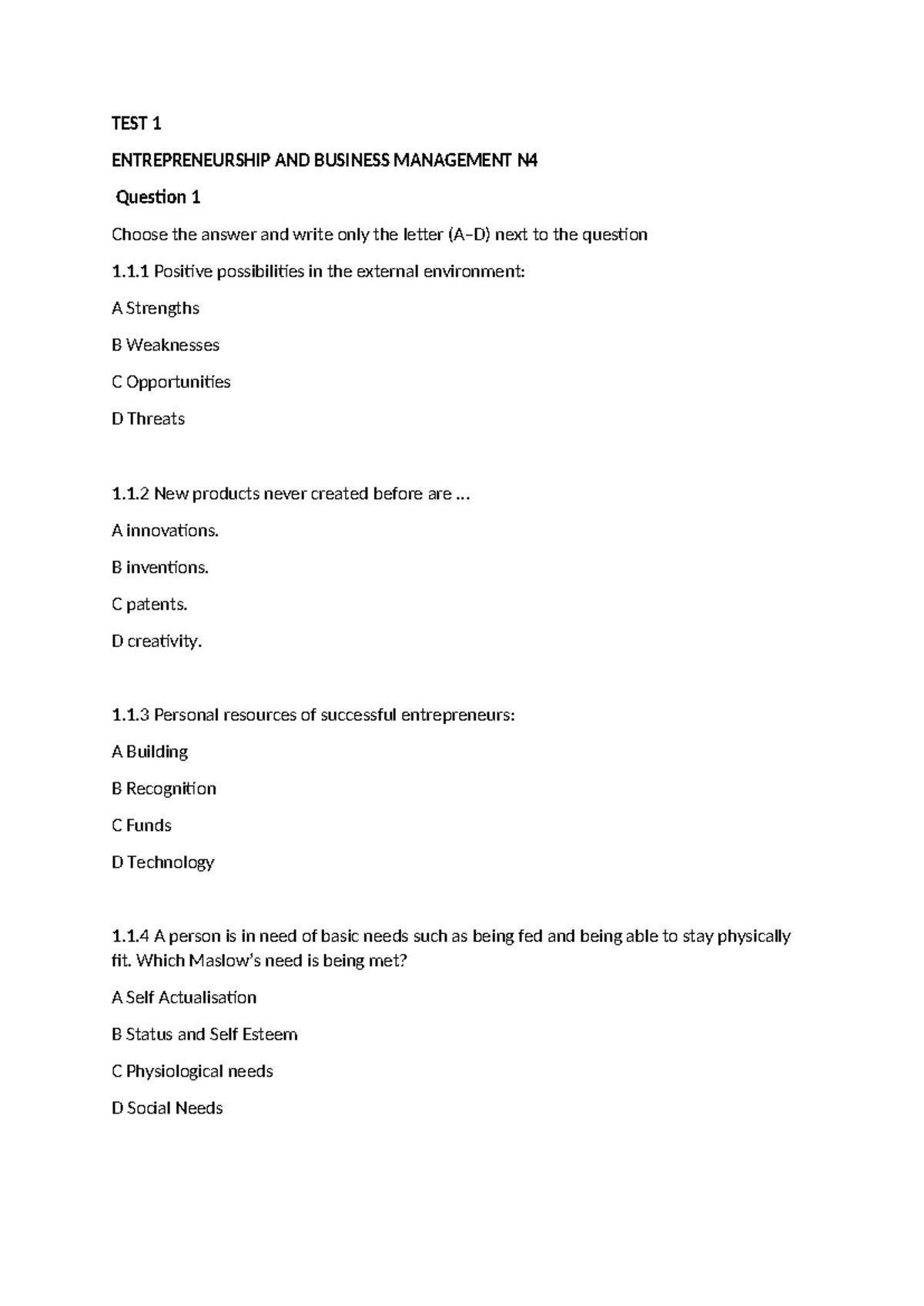 EBM N4 Final Exam - Test 1 Notes on Entrepreneurship & Business ...