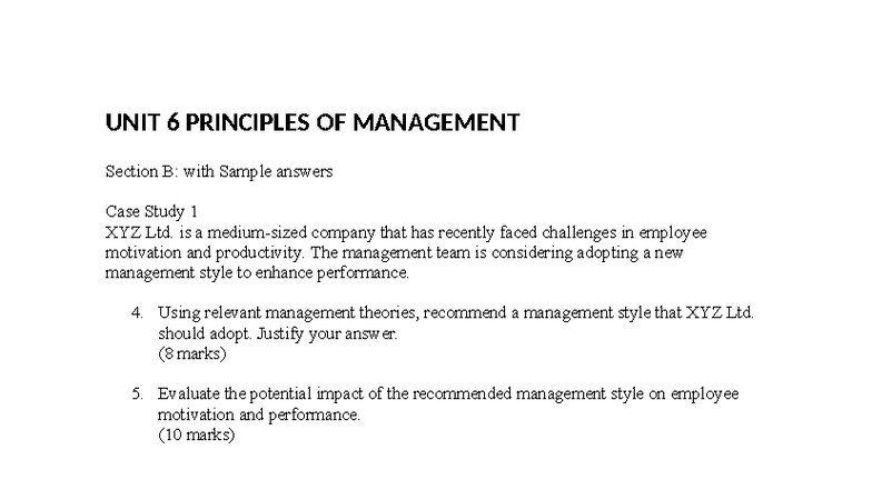 UNIT 6: PRINCIPLES OF MANAGEMENT - Case Studies & Sample Answers - Studocu