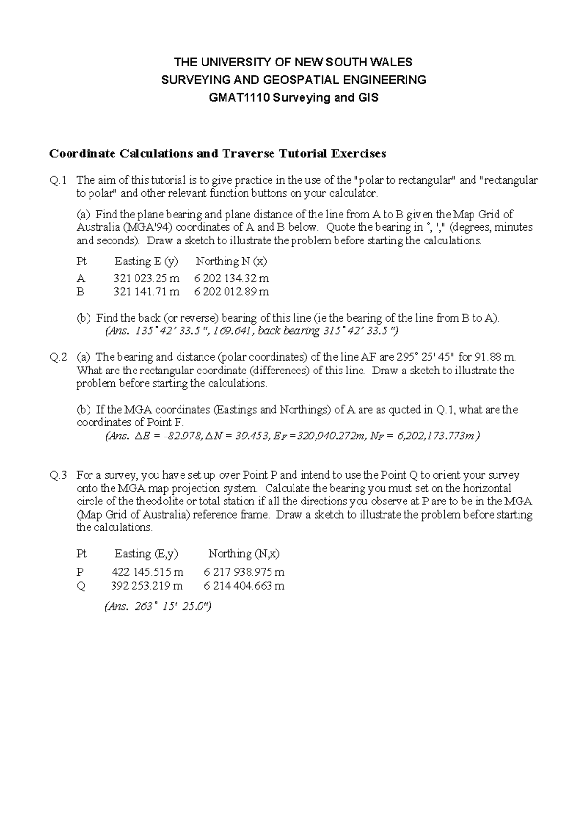 Worksheet 4: Surveying & GIS Coordinate Calculations (ENGG1234) - Studocu