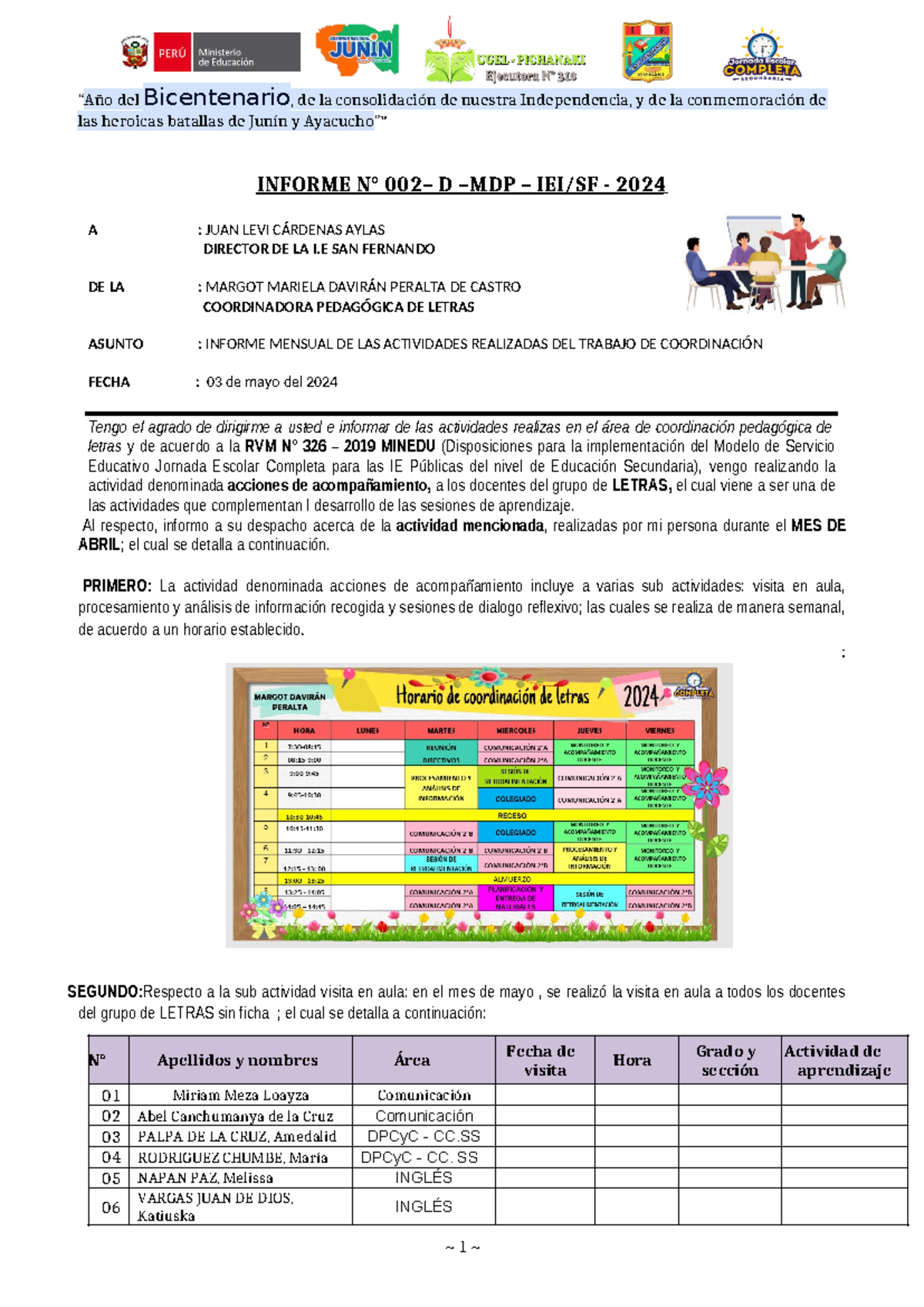 Informe Mensual de Actividades de Coordinación - Letras 2024 - Studocu