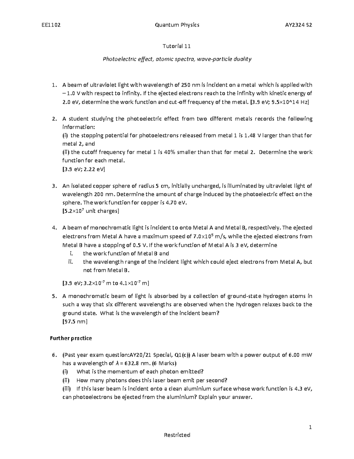 Tutorial Week 11 - EE1102 Quantum Physics AY2 324 S 1 Restricted ...