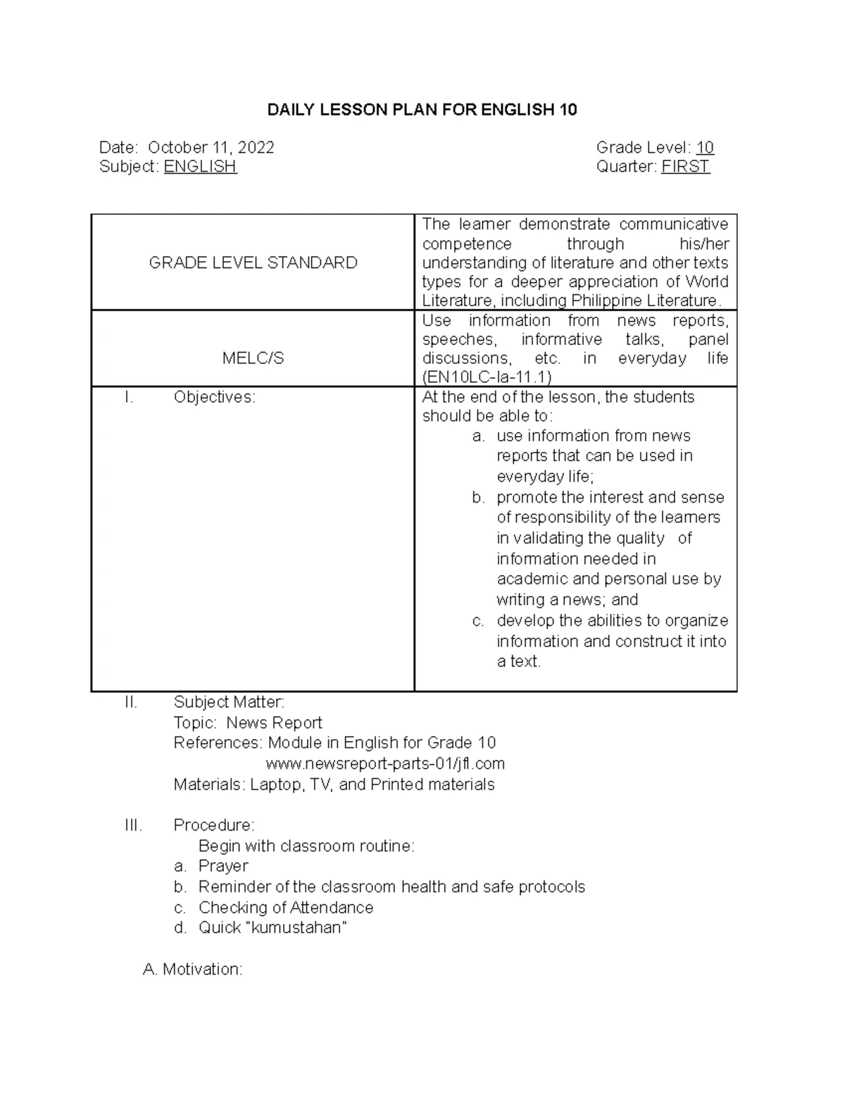 LP 3 - Detailed Lesson Plan on Language of Research for Grade 10 - Studocu