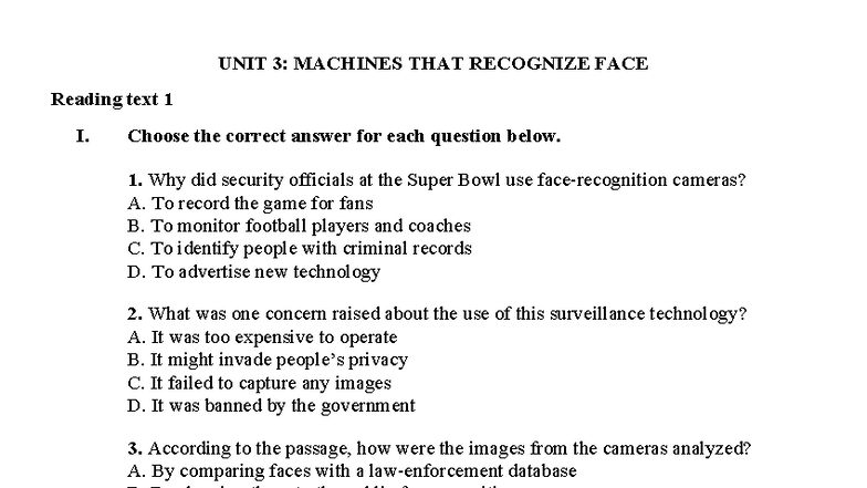 UNIT 3: MACHINES THAT RECOGNIZE FACE - Reading Comprehension & Analysis ...