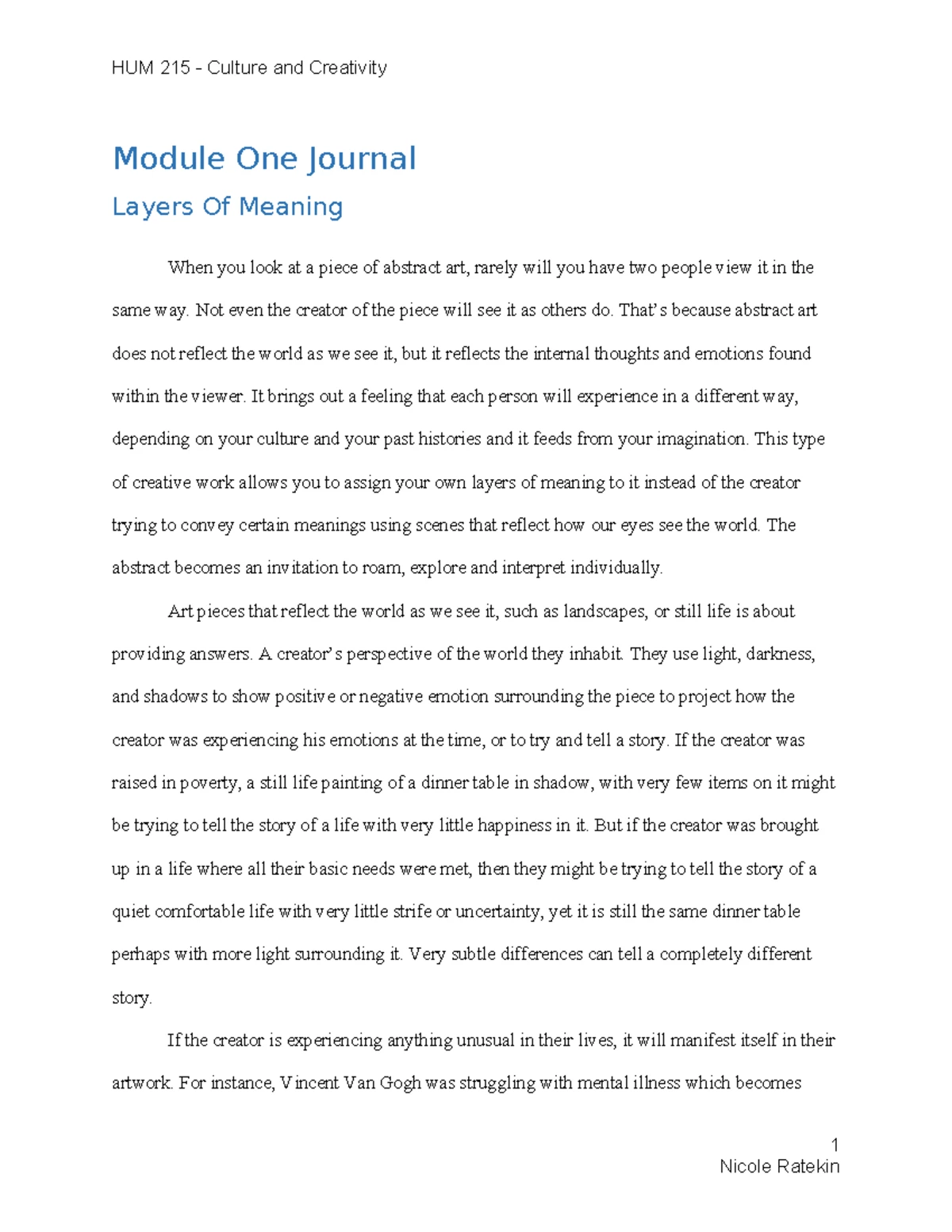 Module One Journal: Exploring Layers of Meaning in Creative Works - HUM ...