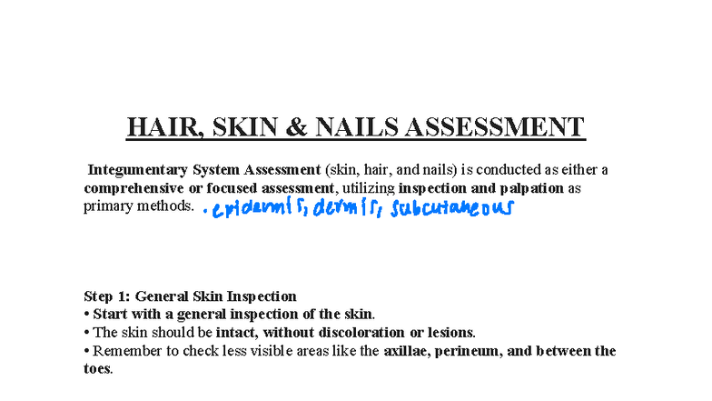 HAIR, SKIN, NAILS ASSESSMENT - Lab 2 Integumentary System - Studocu