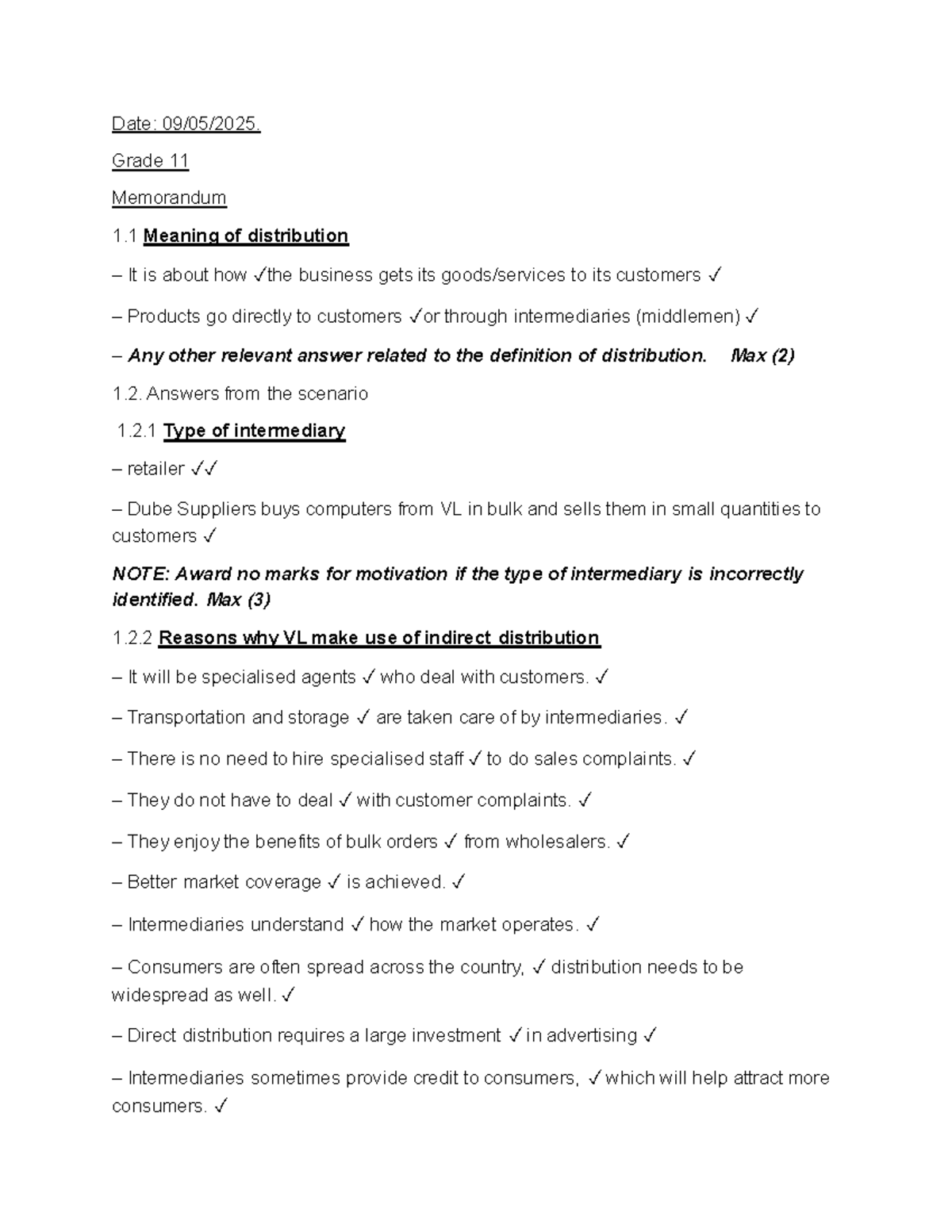 Grade 11 Business Studies: Memorandum on Distribution Concepts - Studocu