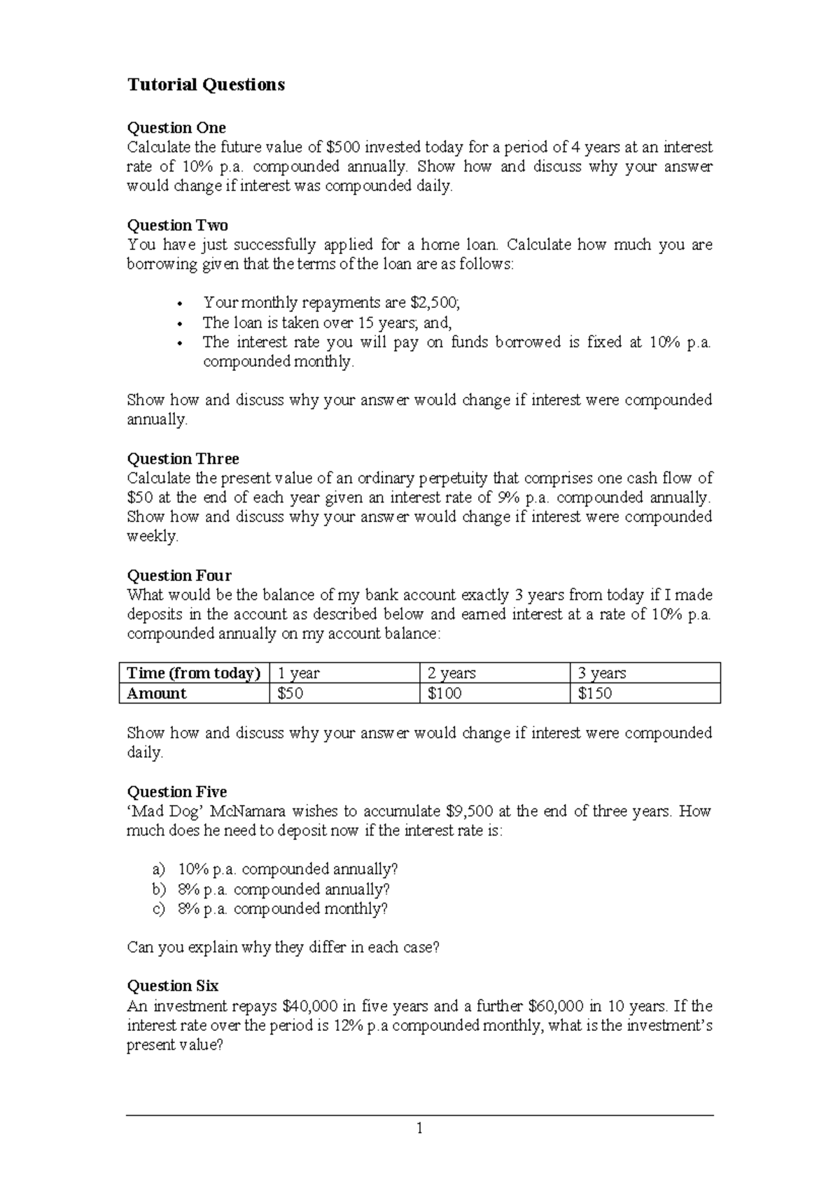 Tutorial 2 Questions: Future & Present Value Calculations - Studocu