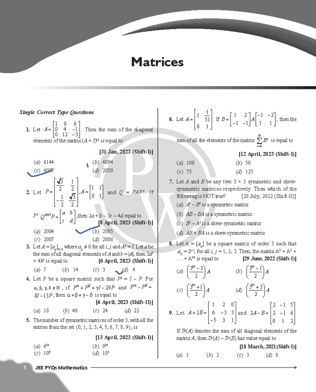 Matrices JEE PYQs Practice Sheet for Exam Preparation - Studocu