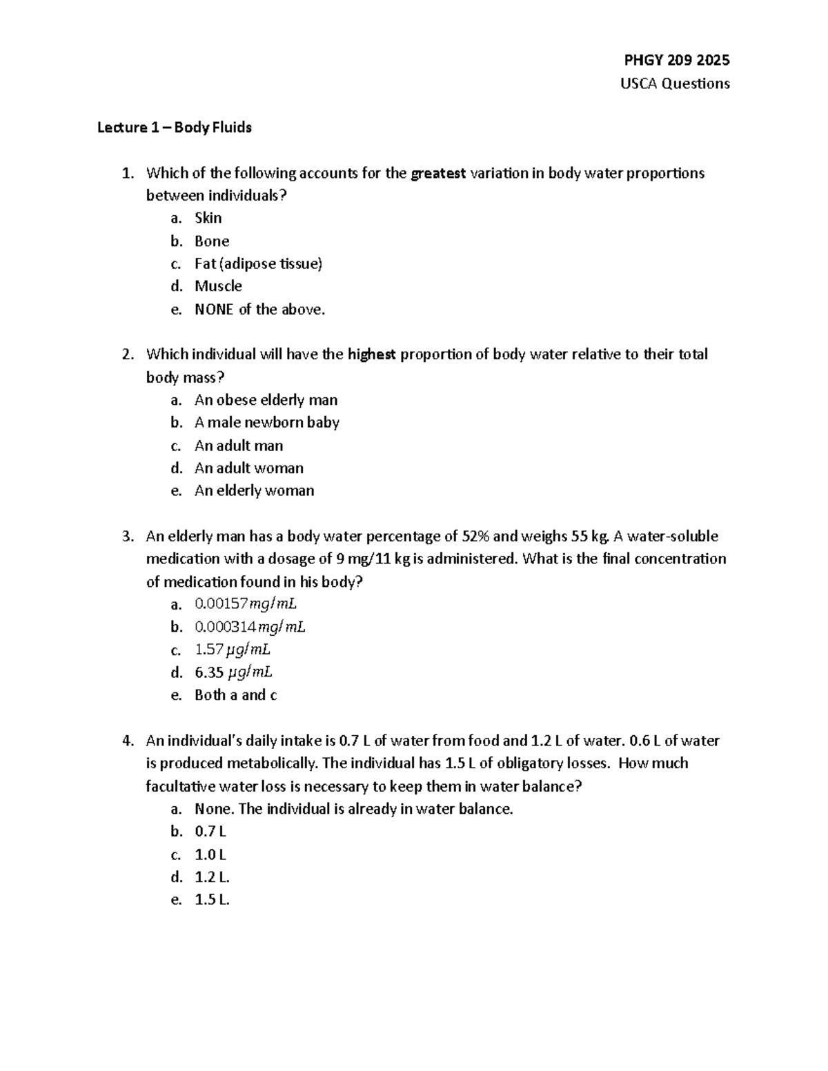 PHGY 209 Body Fluids Lecture 1: Key Questions & Concepts - Studocu