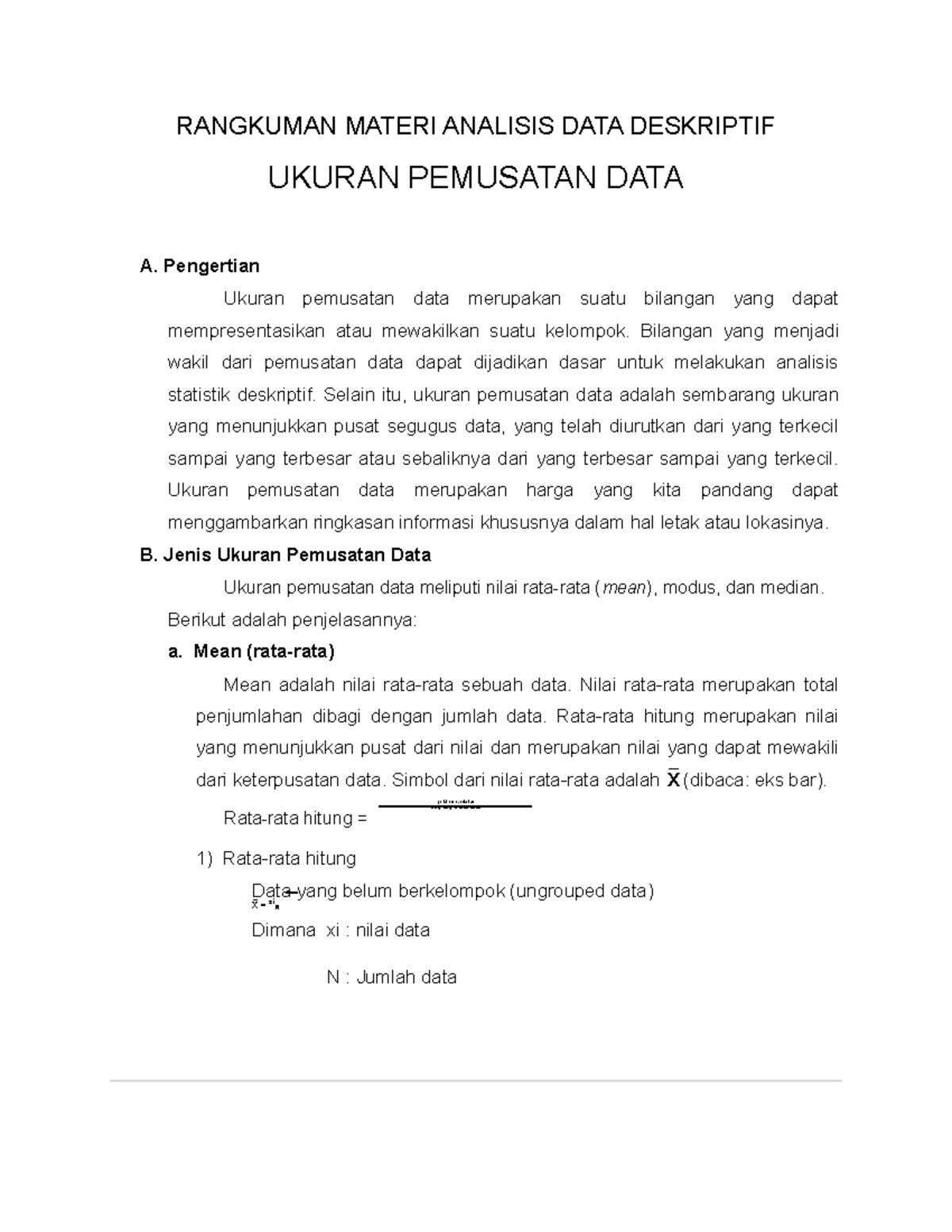 Rangkuman Materi Analisis DATA Deskriptif: Ukuran Pemusatan DATA - Studocu