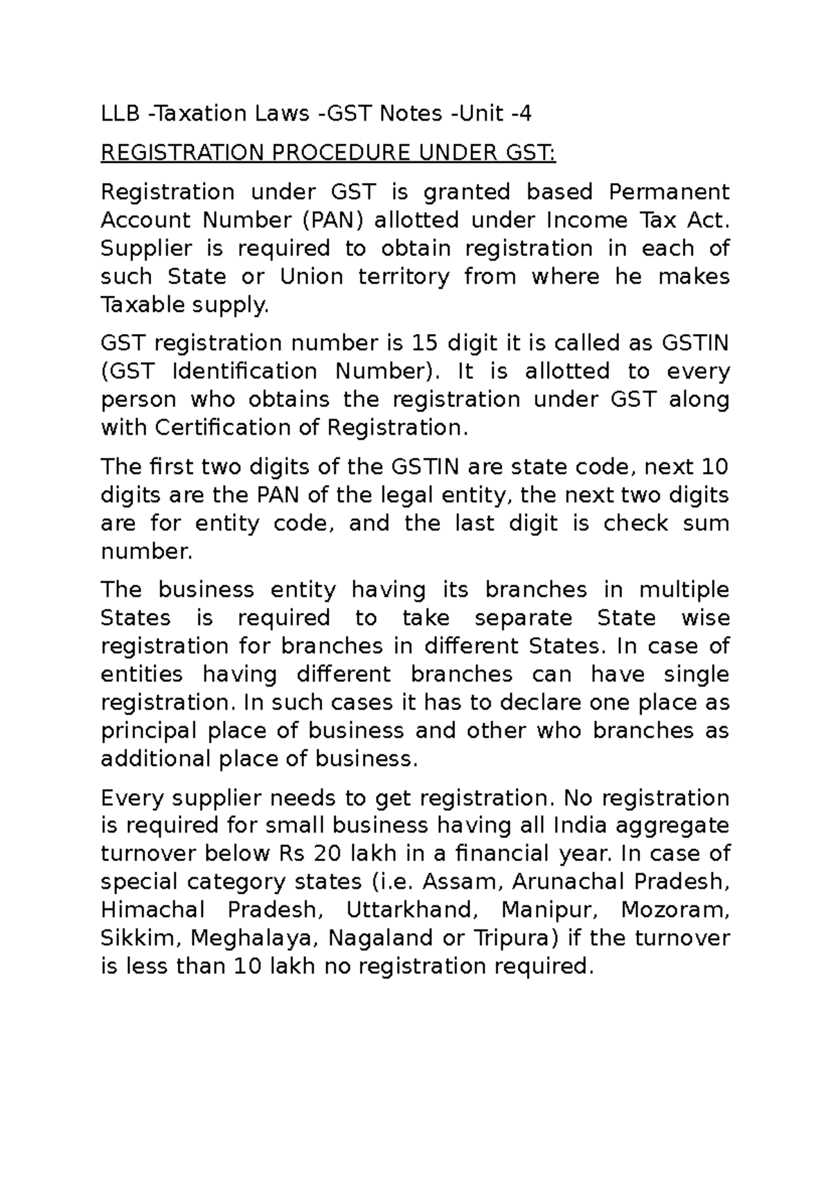 LLB GST Notes: Understanding Registration Procedure Unit-4 - Studocu