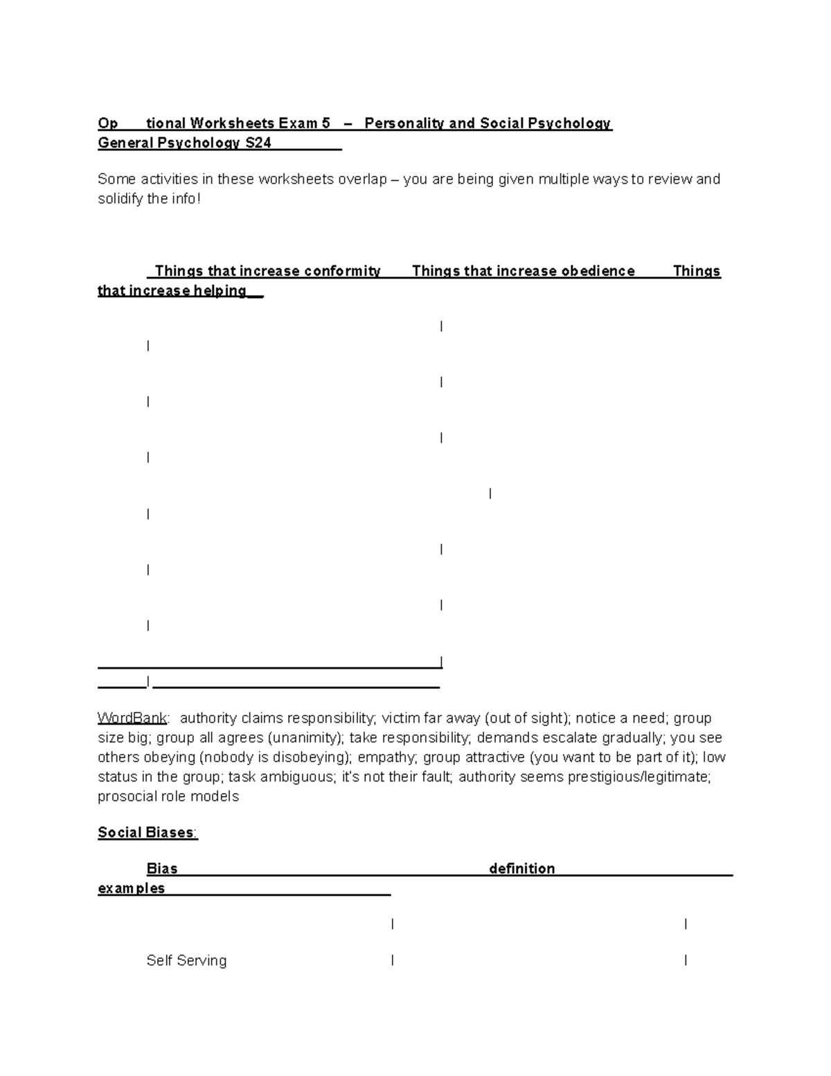 Optional Worksheets for Exam 5 – Personality & Social Psychology (Gen ...