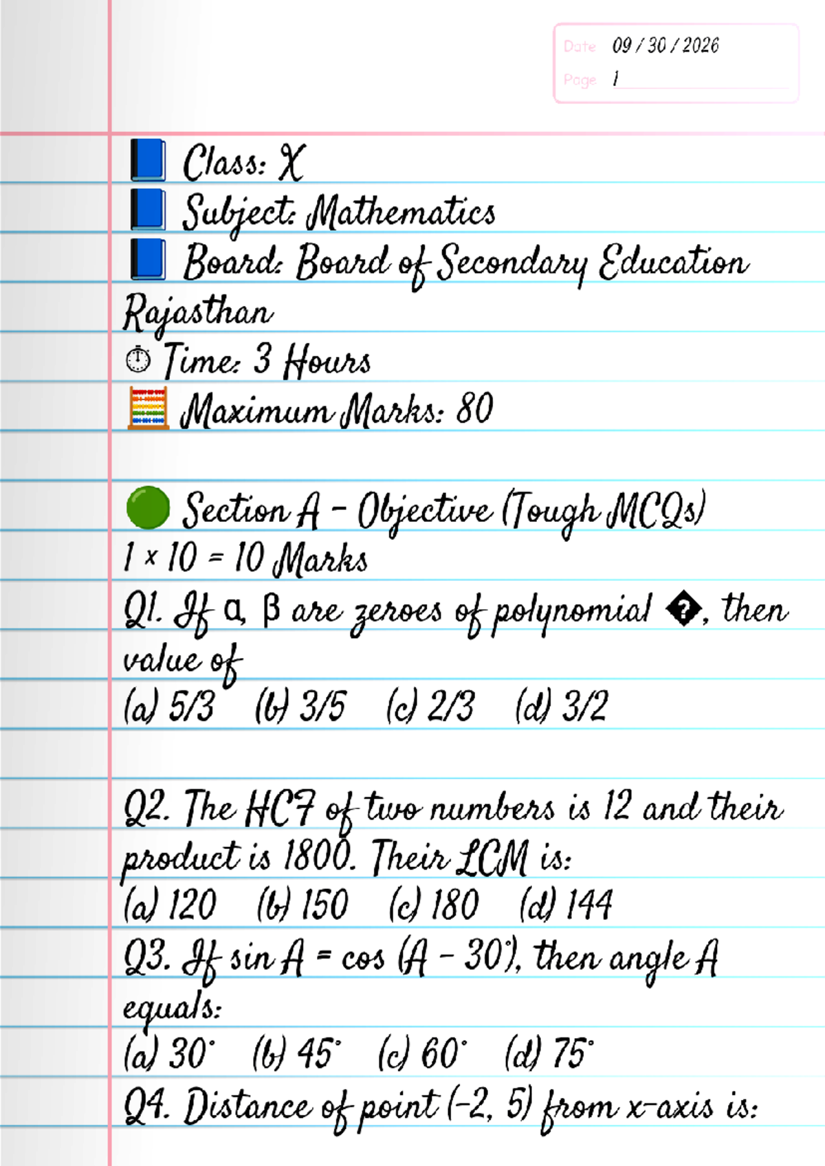 Mathematics Class X RBSE Tough MCQs & Short Answer Questions - Studocu