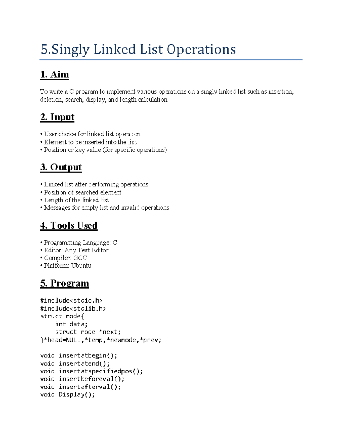 5.C Programming: Singly Linked List Operations and Implementation - Studocu